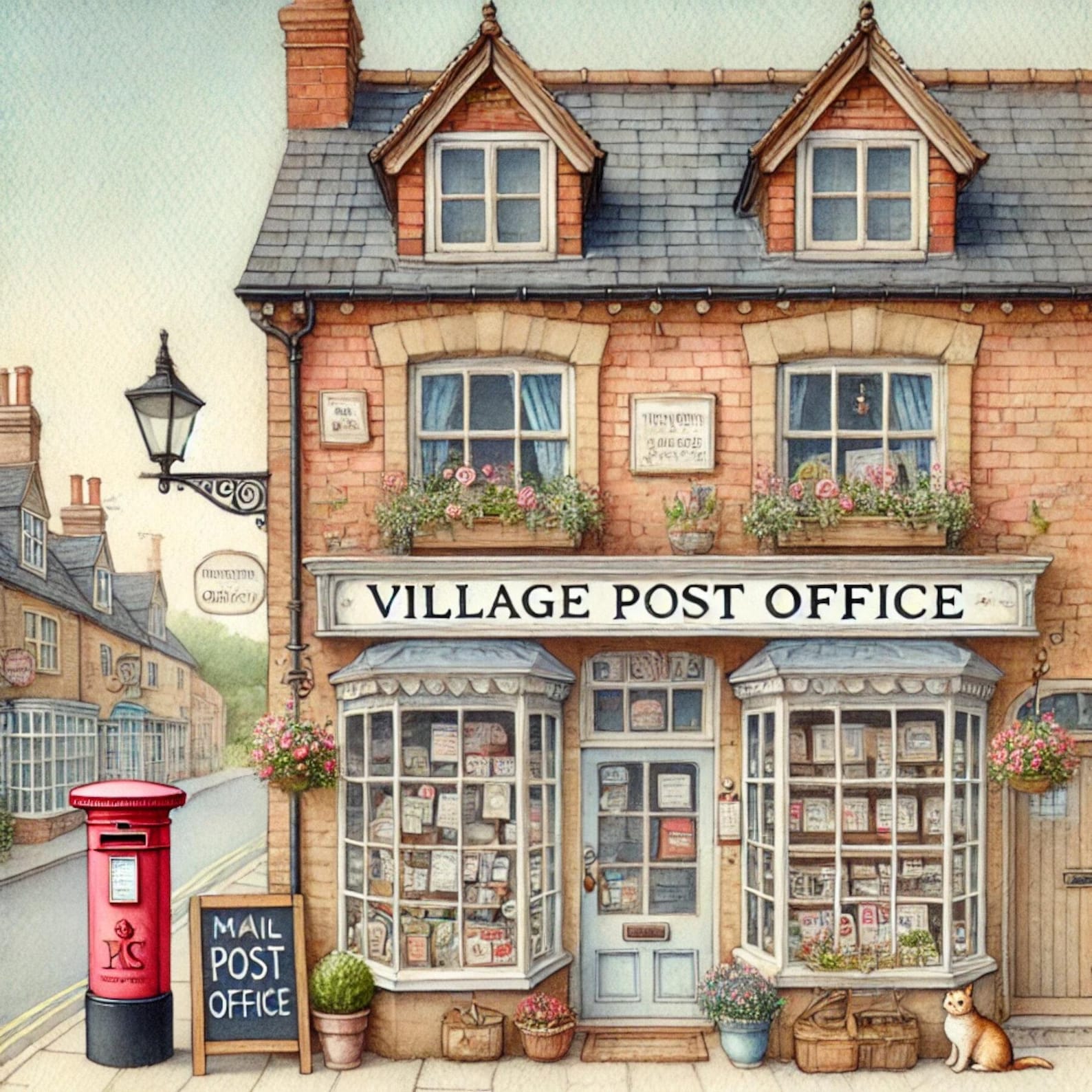 The Village Post Office, Watercolor Illustration, Charming Town Scene ...