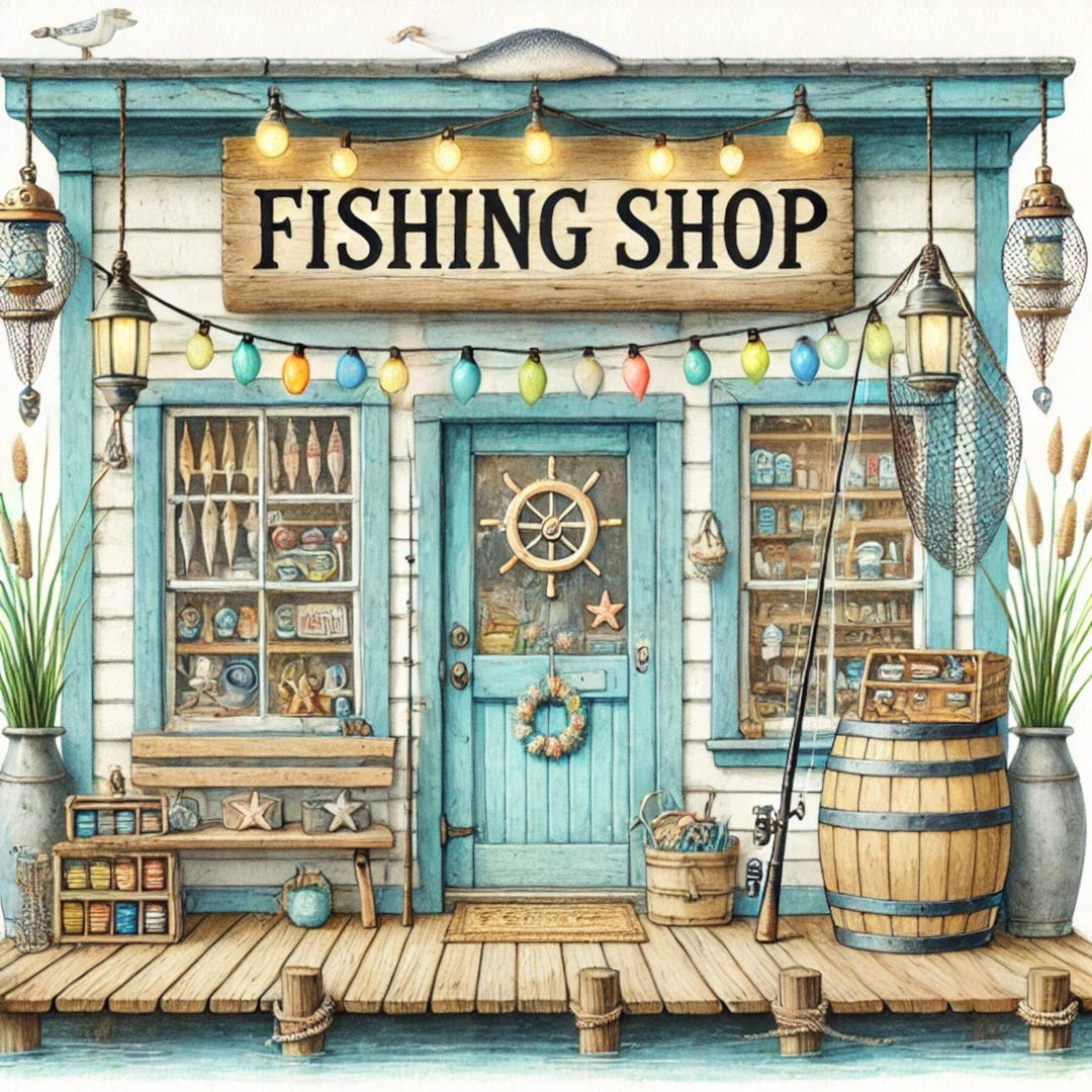 Fishing Shop, Fishing Shop Art, Nautical Clipart, Fishing Storefront ...