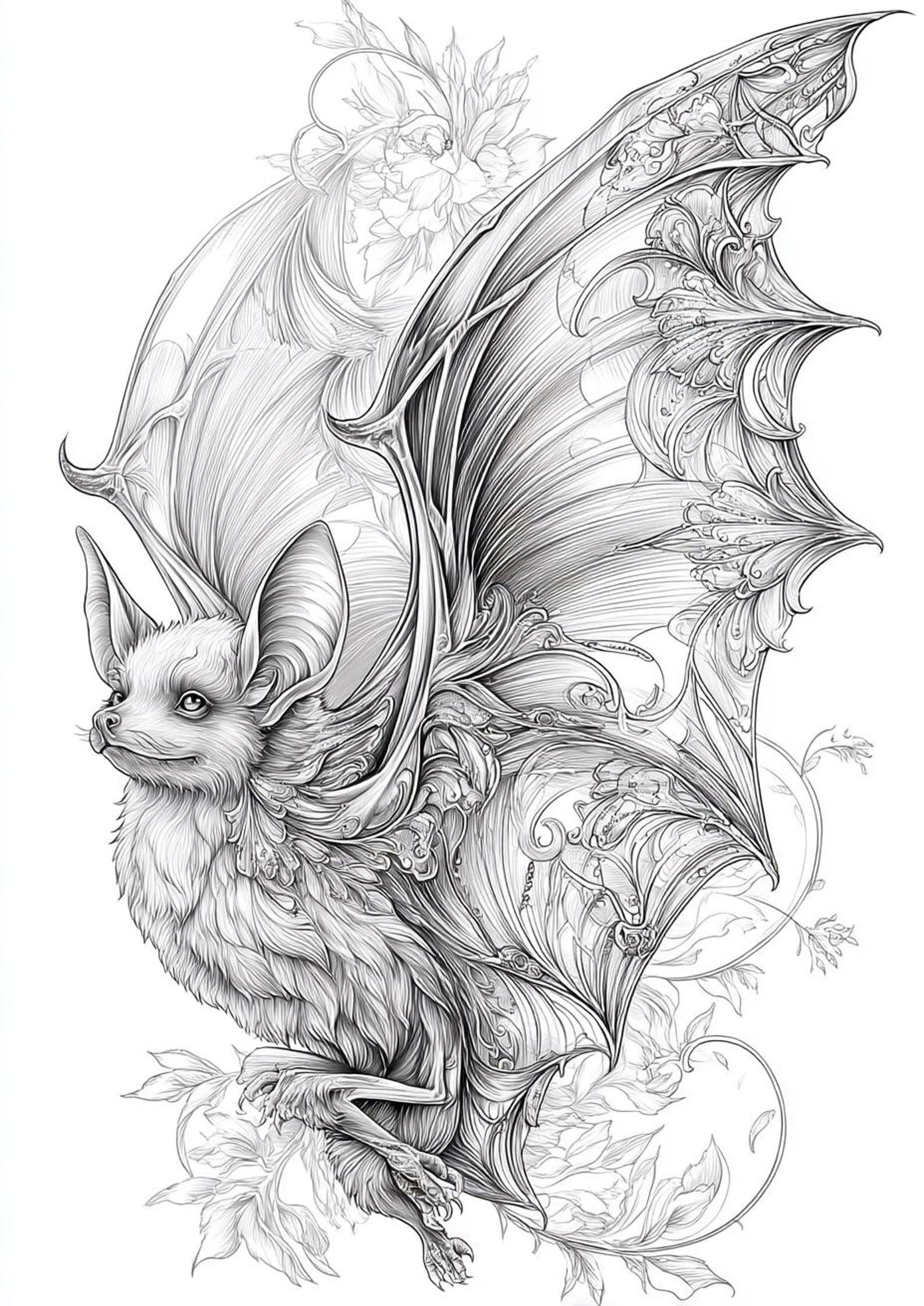 Baroque Batlings, Fantasy Bat Art, Bat Line Art, Gothic Bat Print ...
