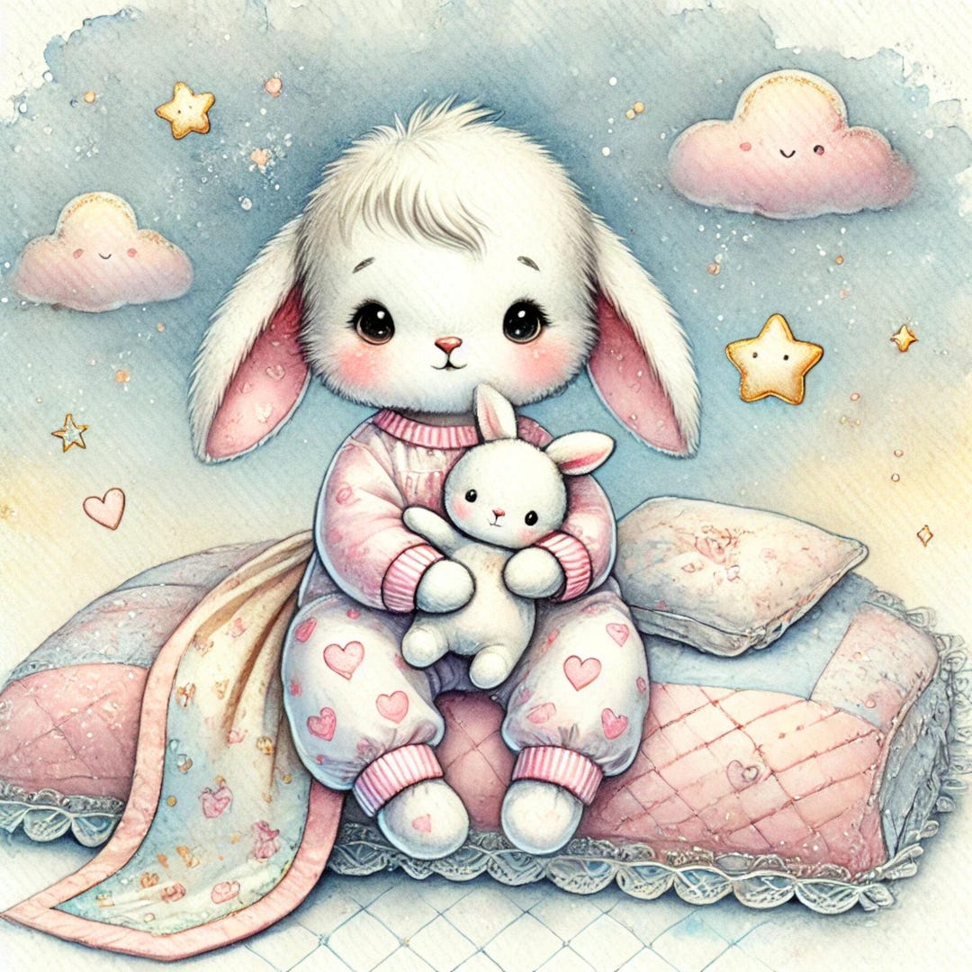 Baby Bunnies, Whimsical Bunny, Cozy Pajamas, Bedtime Art, Watercolor ...