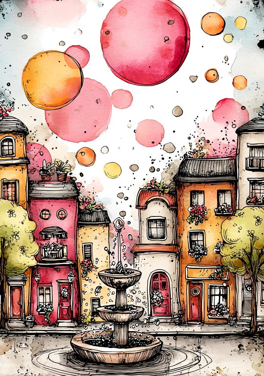 Town Square Art, Plaza Fountain, Colorful Homes, Whimsical Town, Street ...