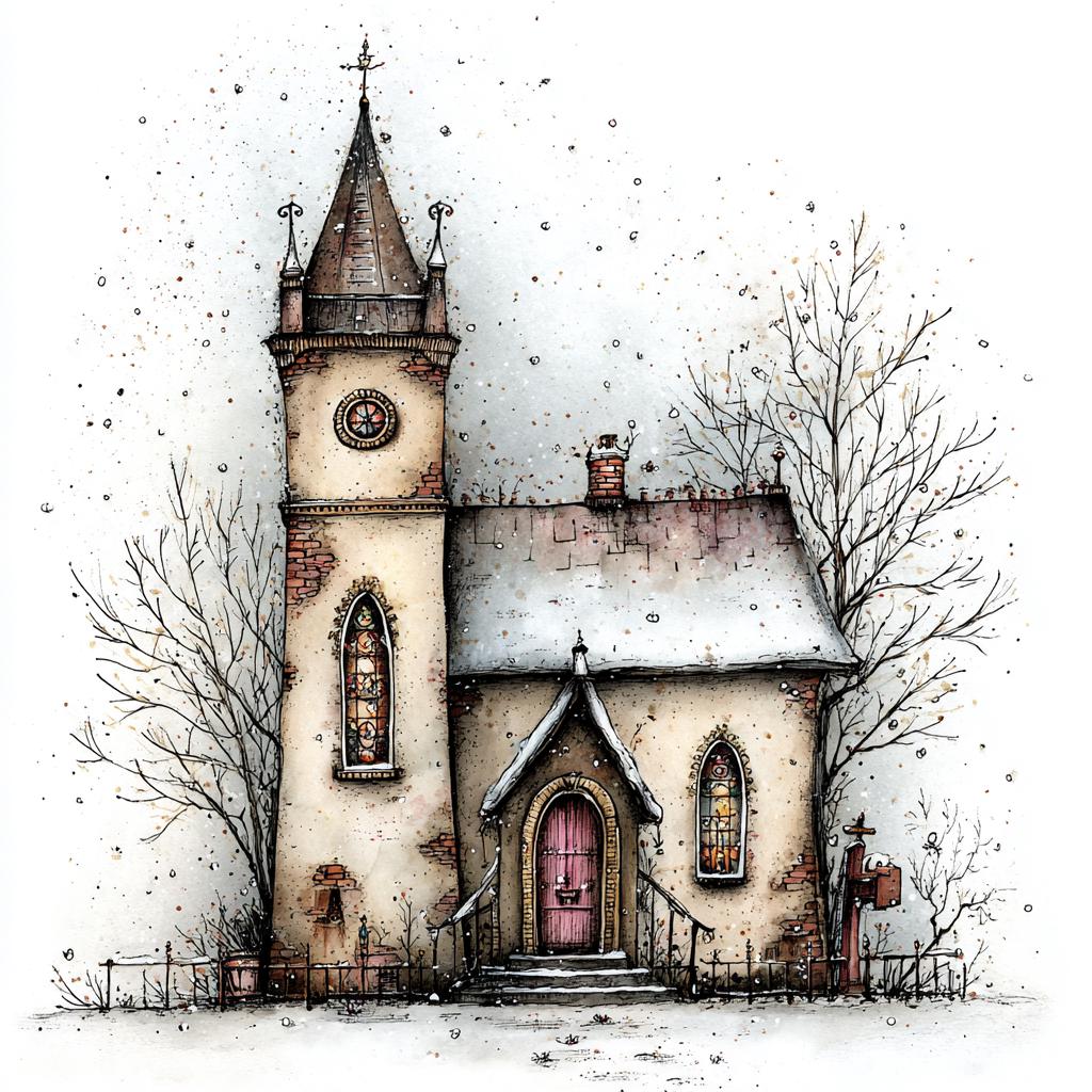 Whimsical Snowy Church Illustration, Winter Village Wall Art, Cozy ...