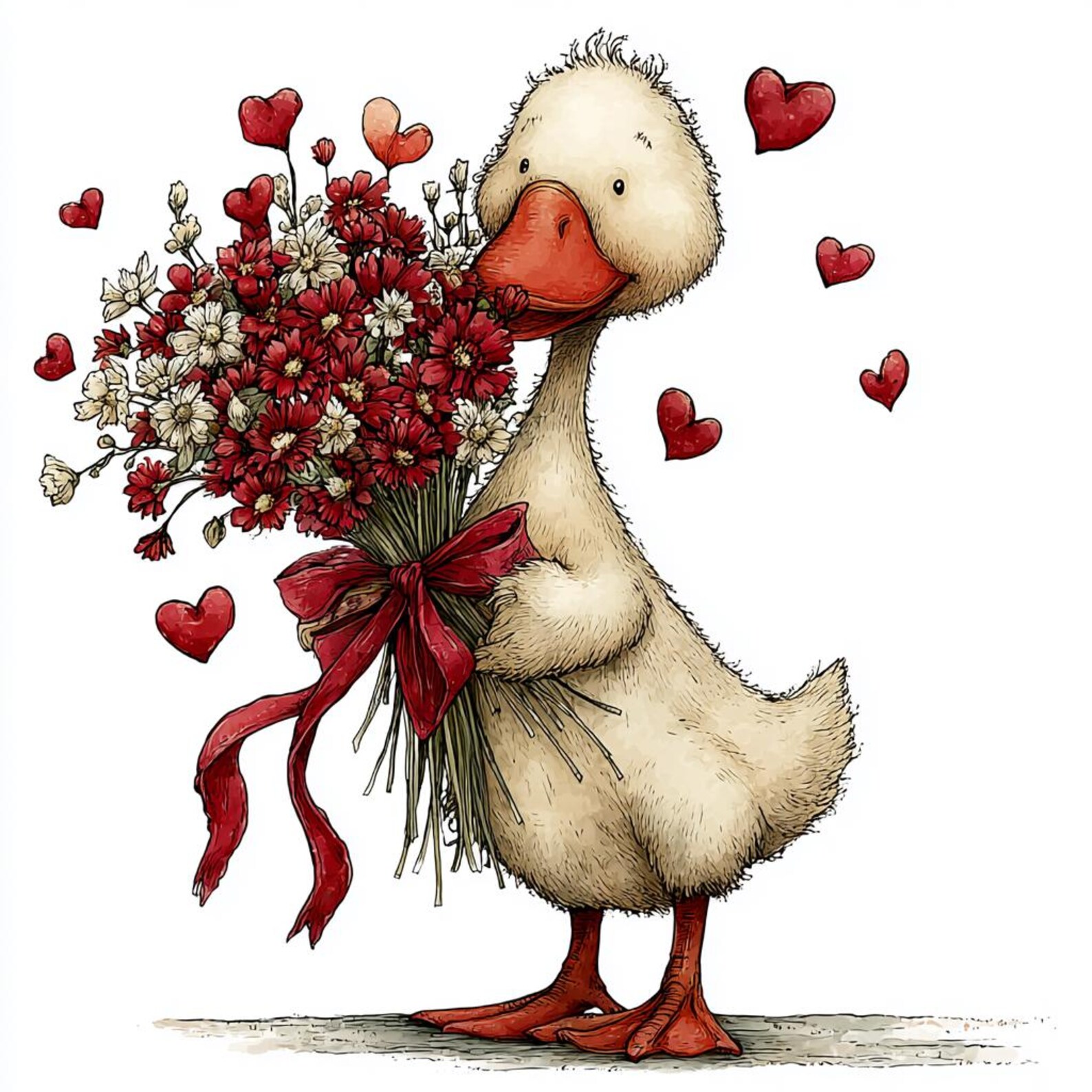 Duck Valentine Clipart, Romantic Duck Holding Flowers, Red Heart ...