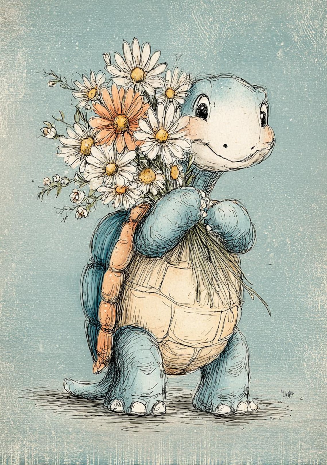 Blue Turtle, Turtle Bouquet, Daisy Flowers, Cute Turtle, Turtle Holding ...