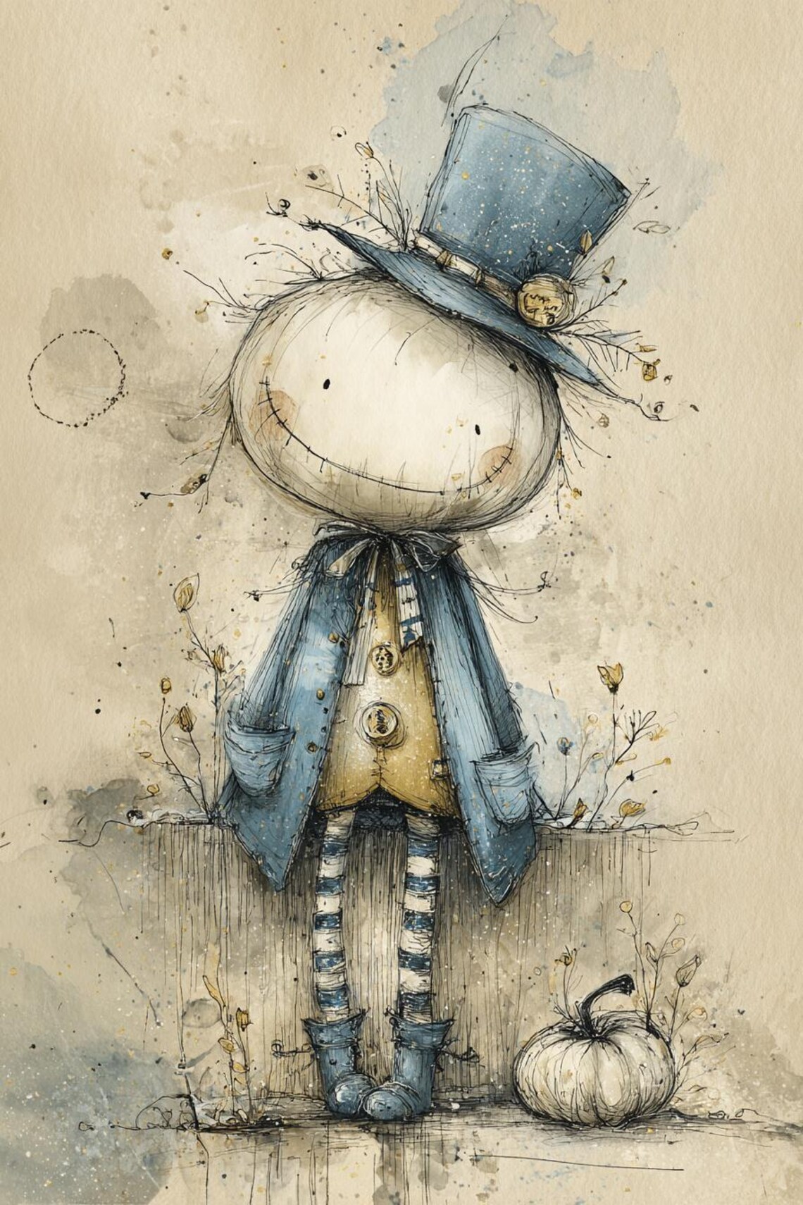 Pumpkin Sketch, Gothic Scarecrow, Creepy Fall Art, Ink Halloween ...
