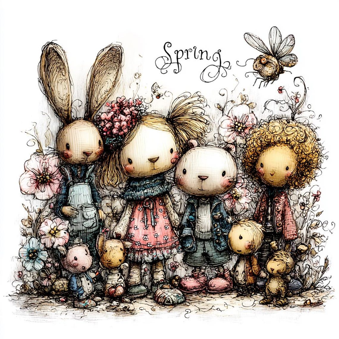 Whimsical Spring Bunny PNG Set, Floral Rabbit Clipart, Pastel Garden ...