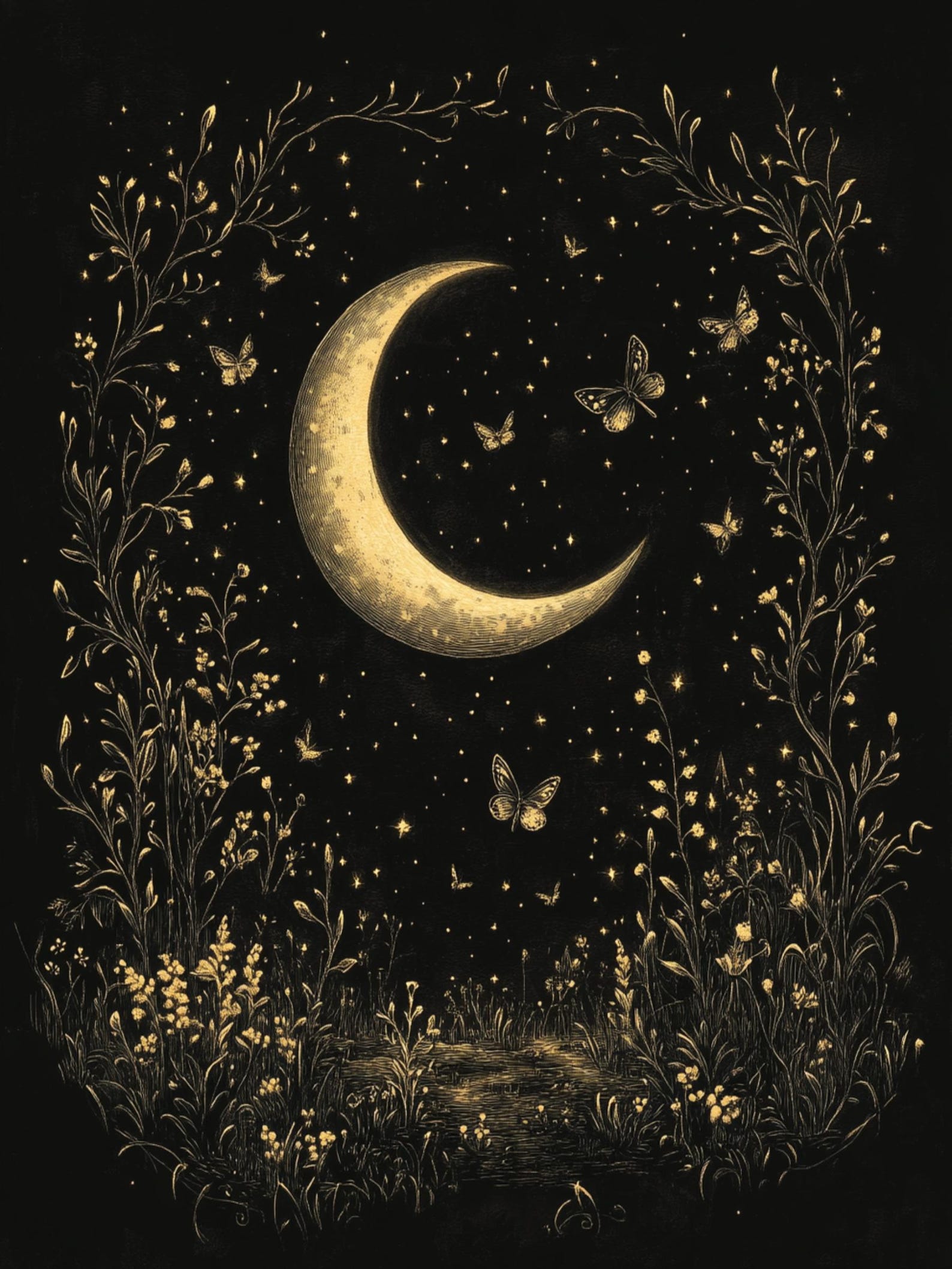 Golden Moon, Gold Moon Art, Night Sky Print, Crescent Moon Art, Starry ...