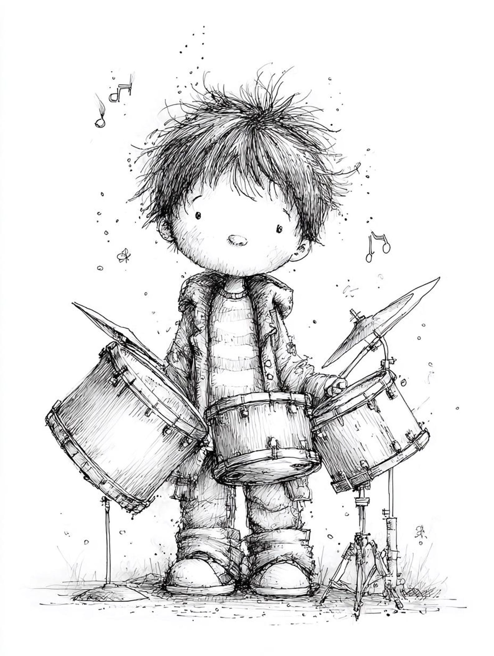 Drummer Boy, Cute Drummer, Sketch Boy, Kids Music Art, Music Lover ...