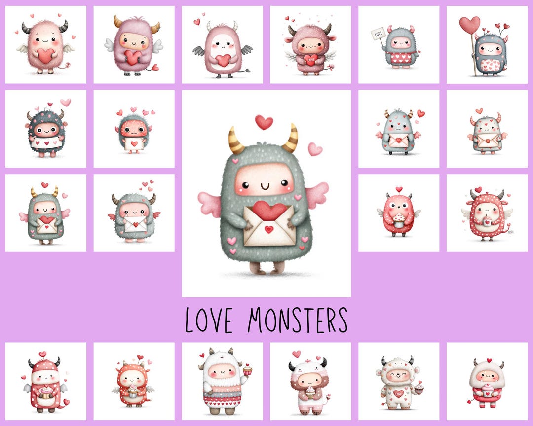 Cute Valentine Monster Clipart, Adorable Love Creatures PNG, Kawaii ...