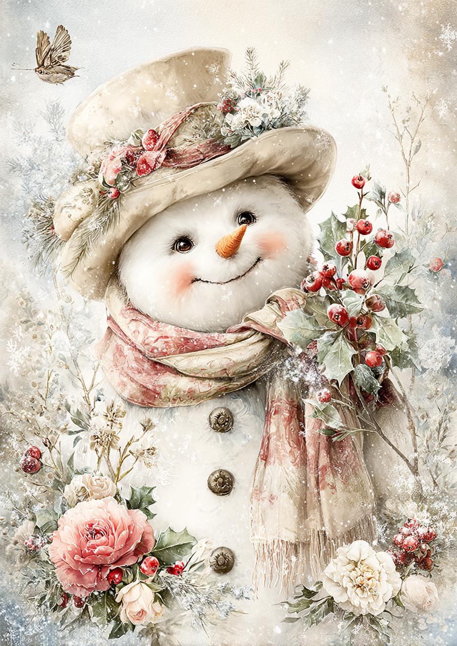 Frosty Holly Bloom – Vintage Snowman With Berries, Pink Scarf, Floral ...