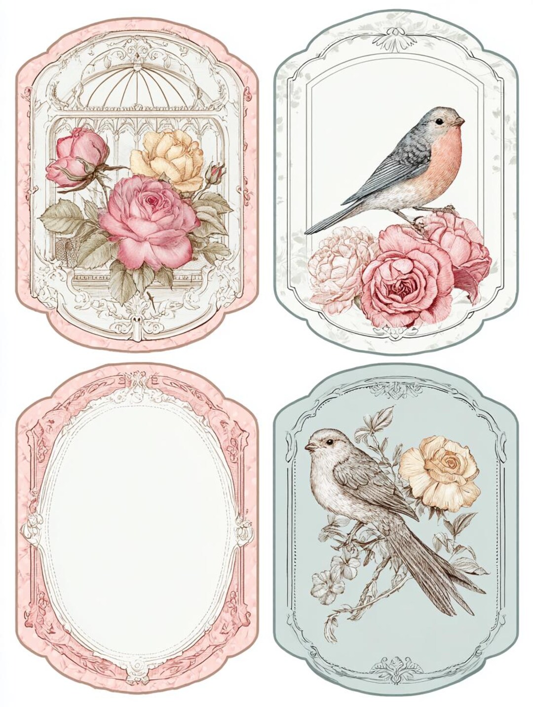 Vintage Labels, Bird Illustration, Rose Bouquet, Pastel Flowers ...