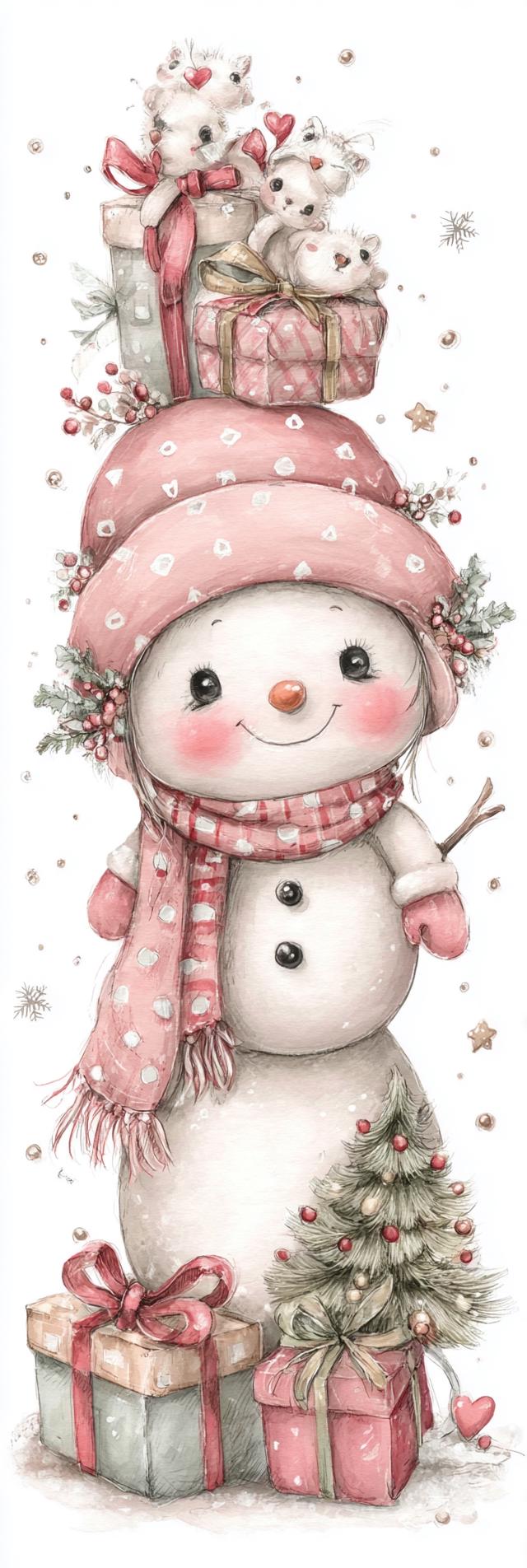 Whimsical Pink Snowman PNG Set, Cute Christmas Snowmen With Gifts and ...