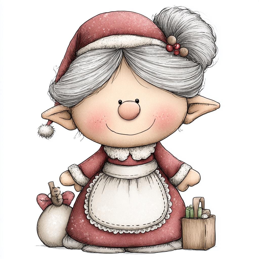 Cute Weeble-style Mrs. Claus Illustration in Red Dress With Apron and ...