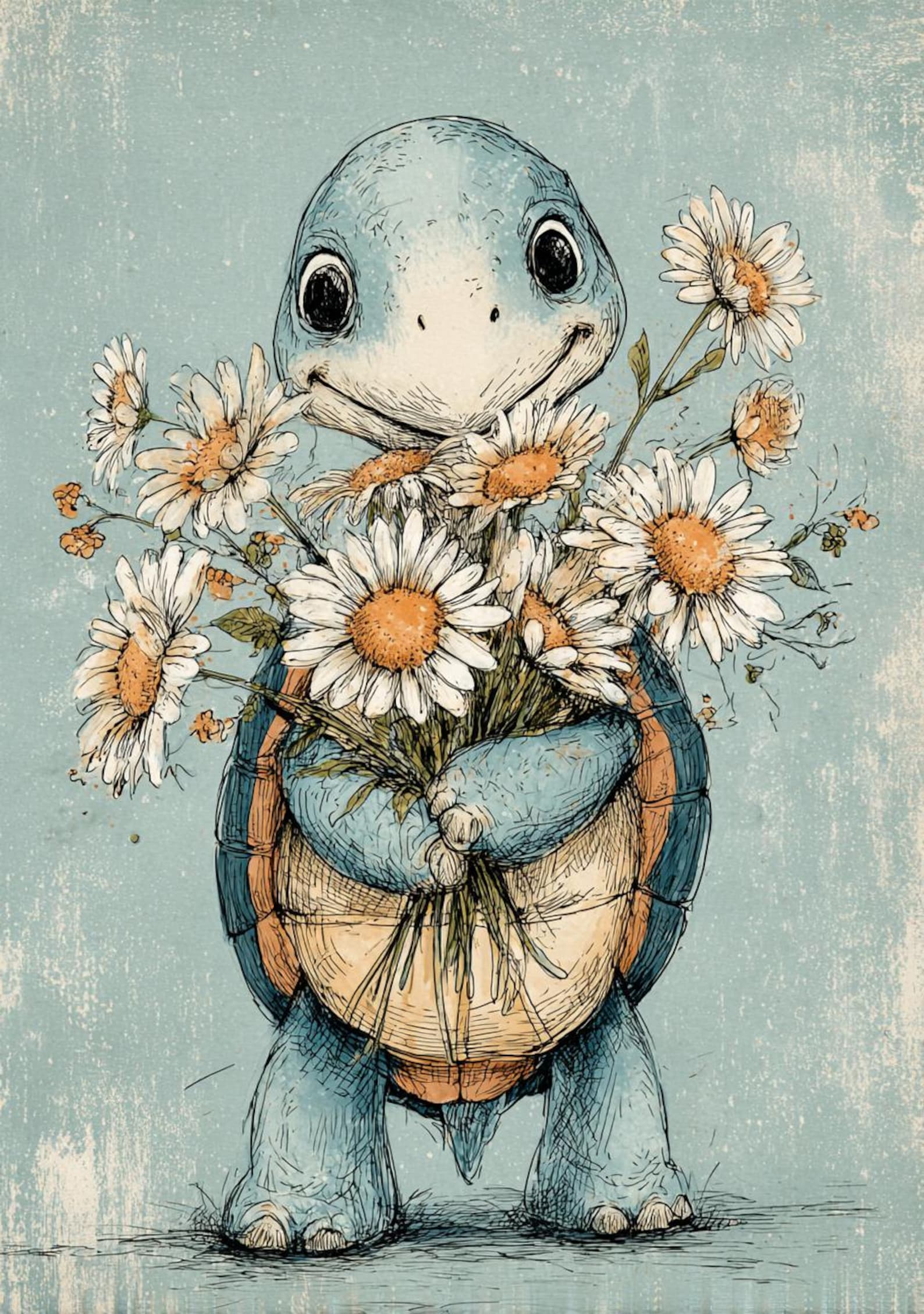 Blue Turtle, Turtle Bouquet, Daisy Flowers, Cute Turtle, Turtle Holding ...