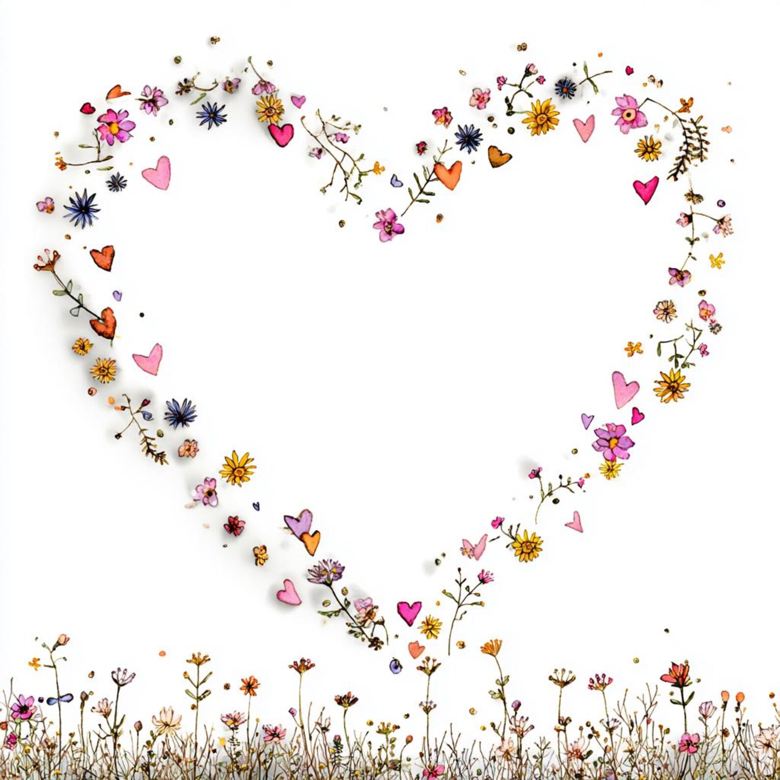 Wildflower Heart Clipart Set, Hand-drawn Floral Heart Frame PNG ...