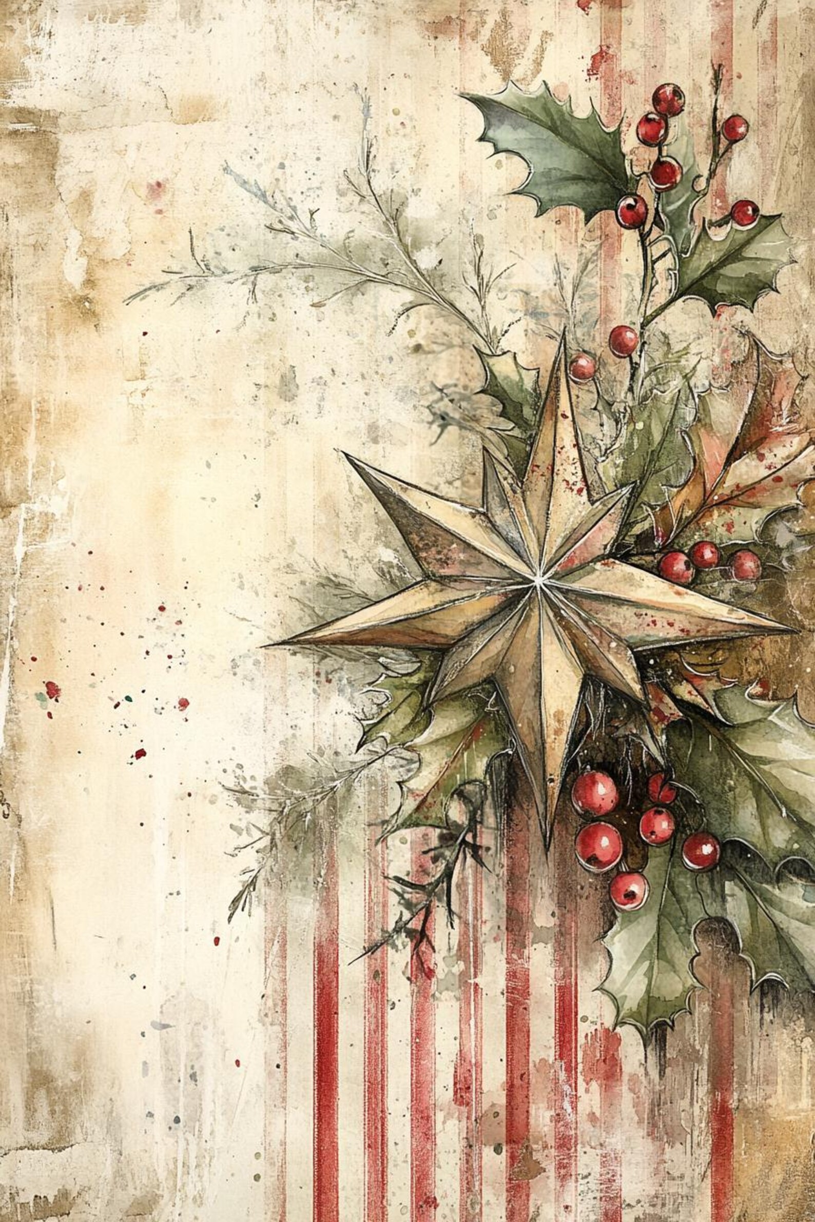 Rustic Christmas Holly PNG Set, Vintage Holiday Clipart, Festive Star ...