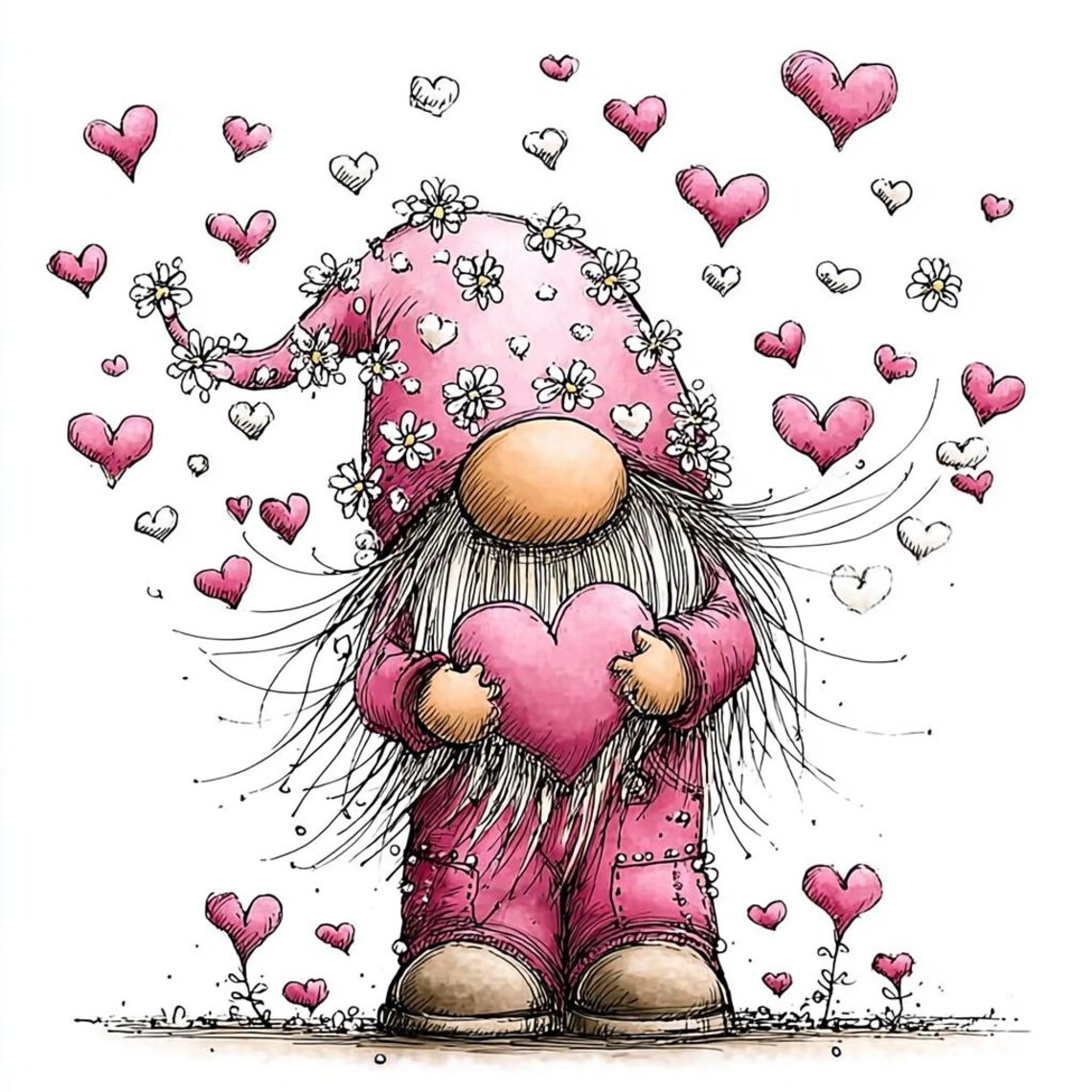 Valentine Gnome Clipart, Pink Heart Gnome Art, Whimsical Love Character ...