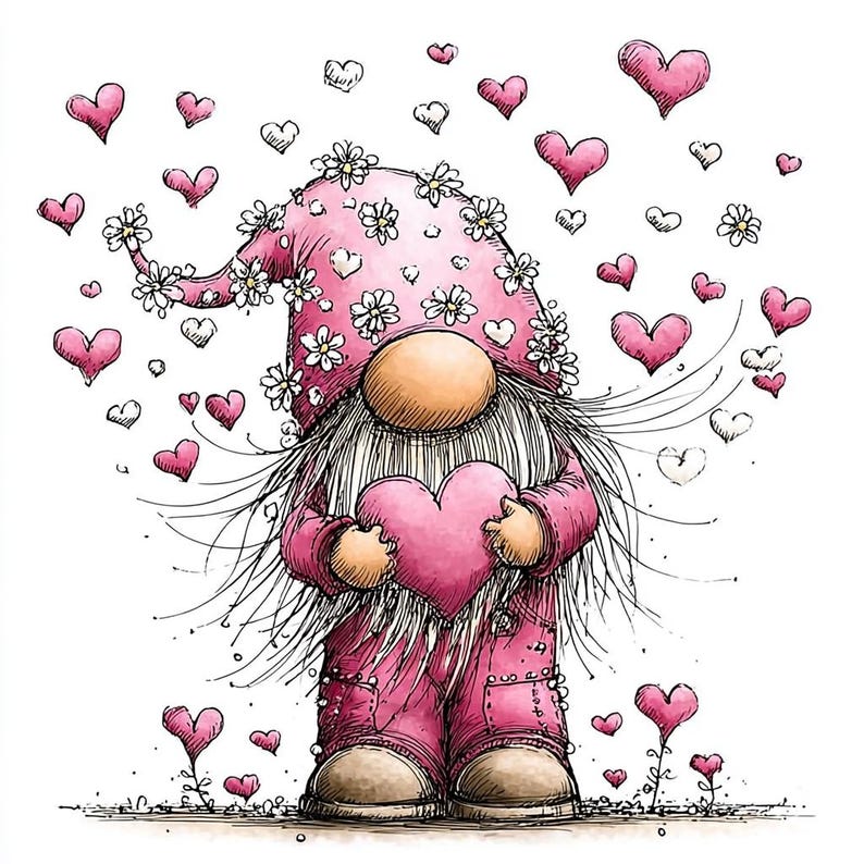 Valentine Gnome Clipart, Pink Heart Gnome Art, Whimsical Love Character ...
