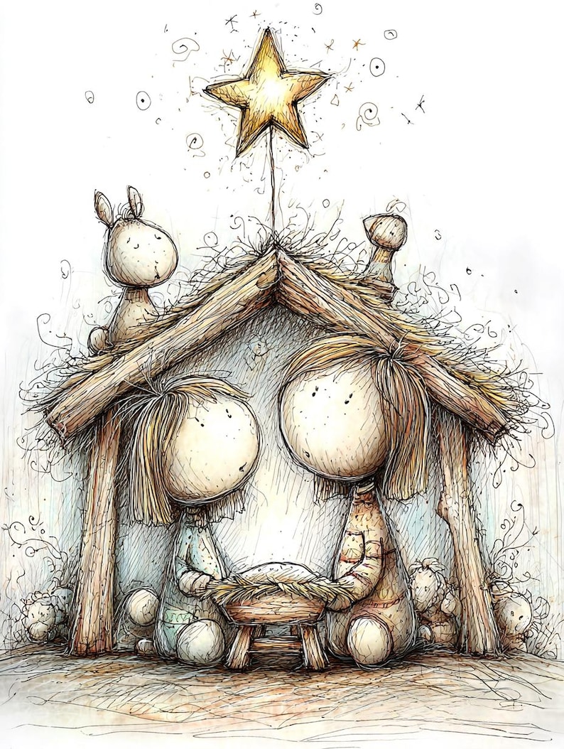 Nativity Scene With Star – Hand-drawn Whimsical Christmas Illustration ...