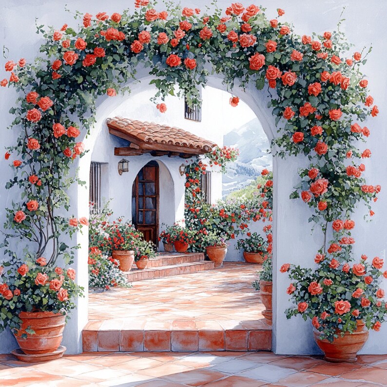 Italian Courtyard, Villa Wall Art, Garden Arch Art, Patio Print, Tuscan ...
