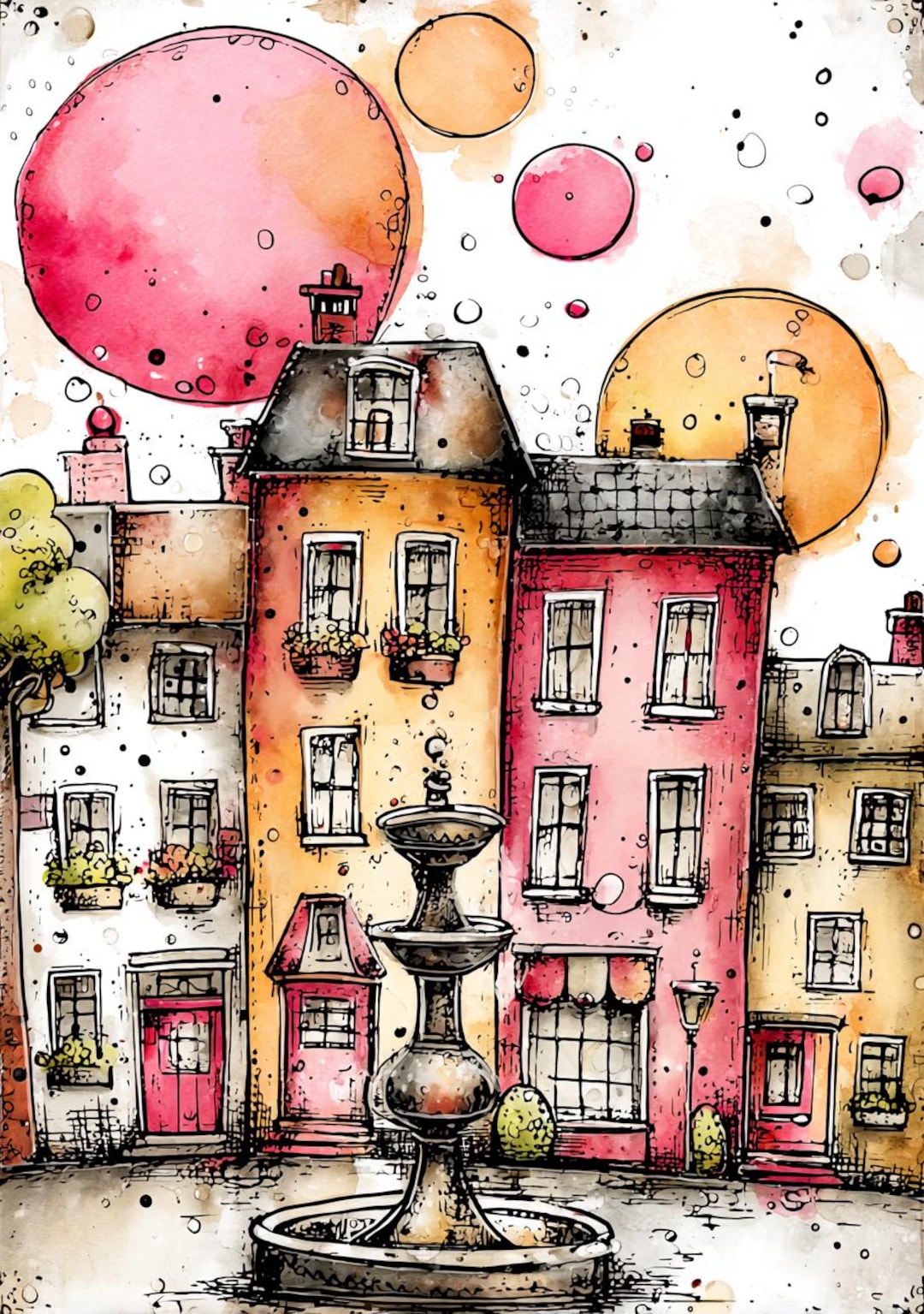 Town Square Art, Plaza Fountain, Colorful Homes, Whimsical Town, Street ...