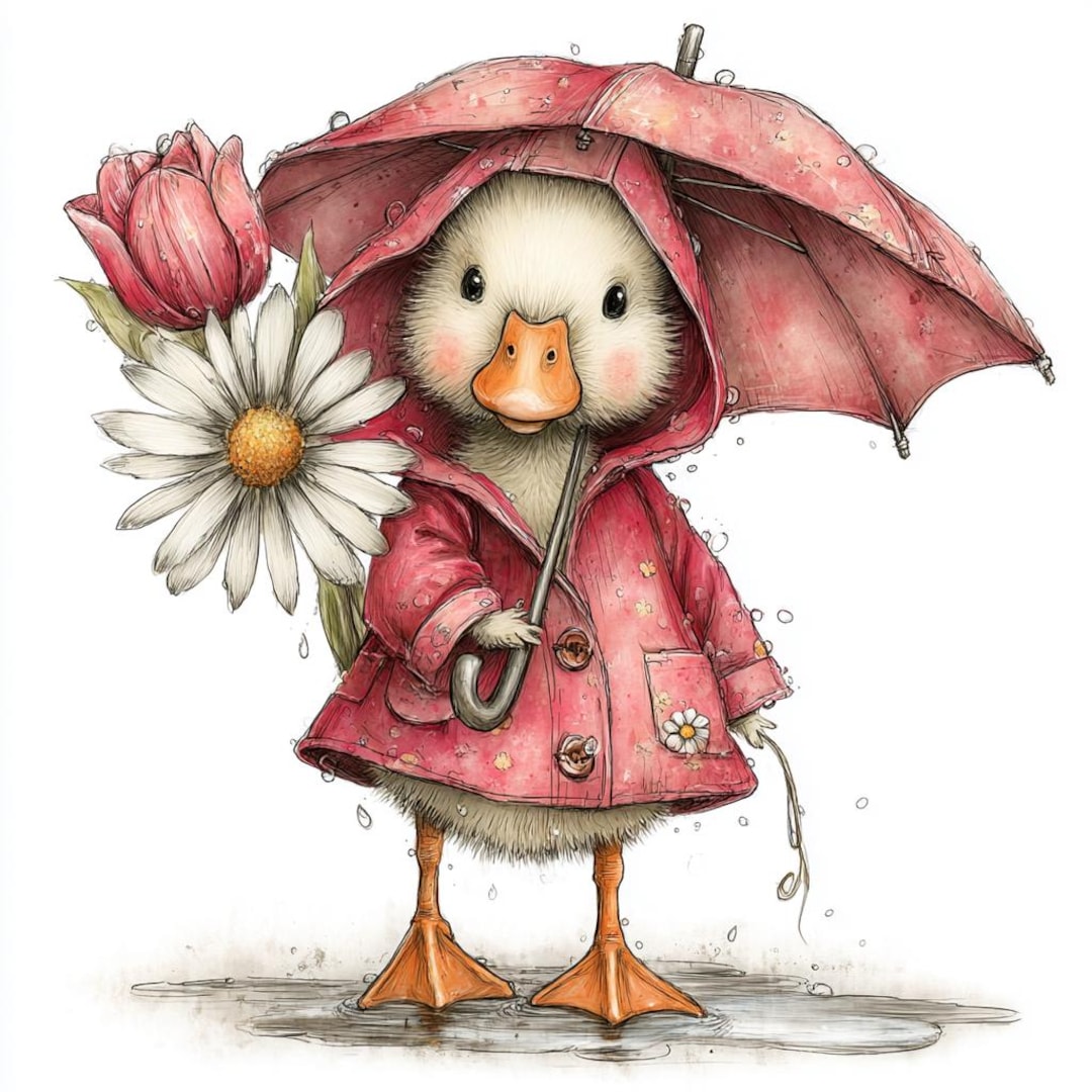 Rainy Day Duckling CLIPART, Umbrella Duck With Pink Coat and Flowers ...