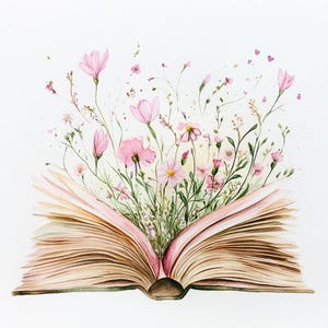 Open Book Art, Flower Pages, Pink Bloom, Floral Storybook, Botanical ...