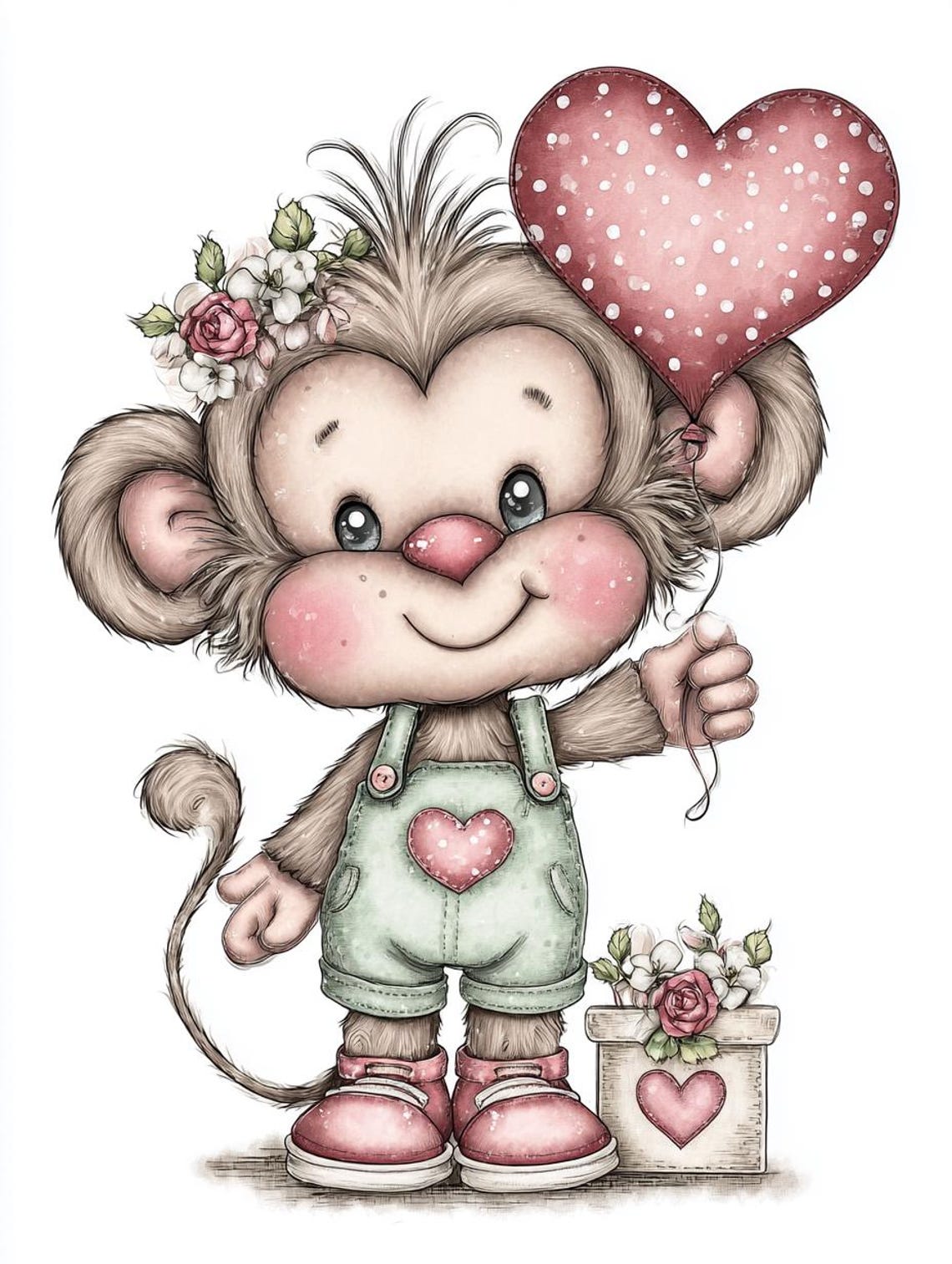 Valentine Monkey Clipart, Heart Balloon Animal Art, Sweet Doodle Monkey ...