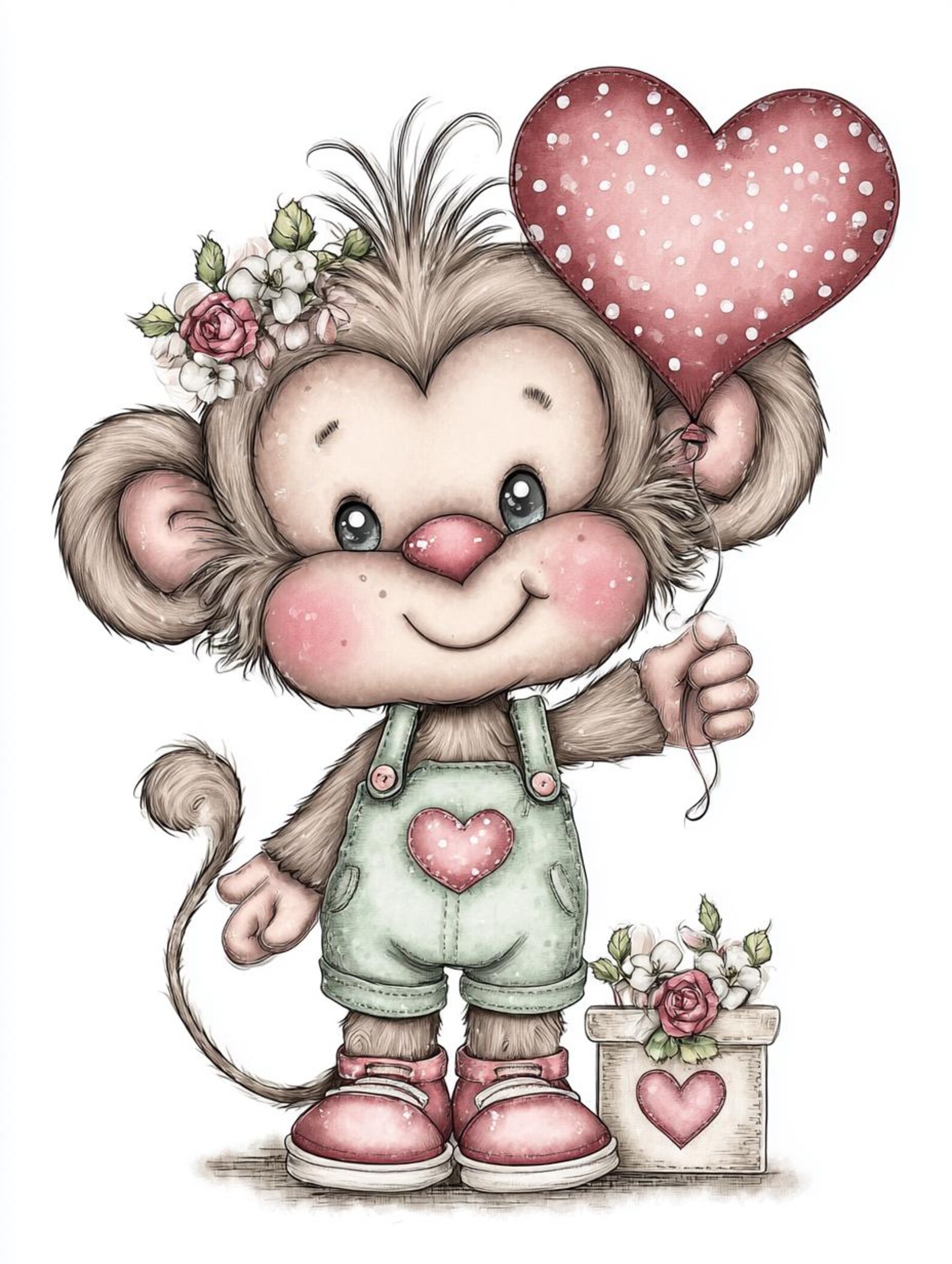 Valentine Monkey Clipart, Heart Balloon Animal Art, Sweet Doodle Monkey ...