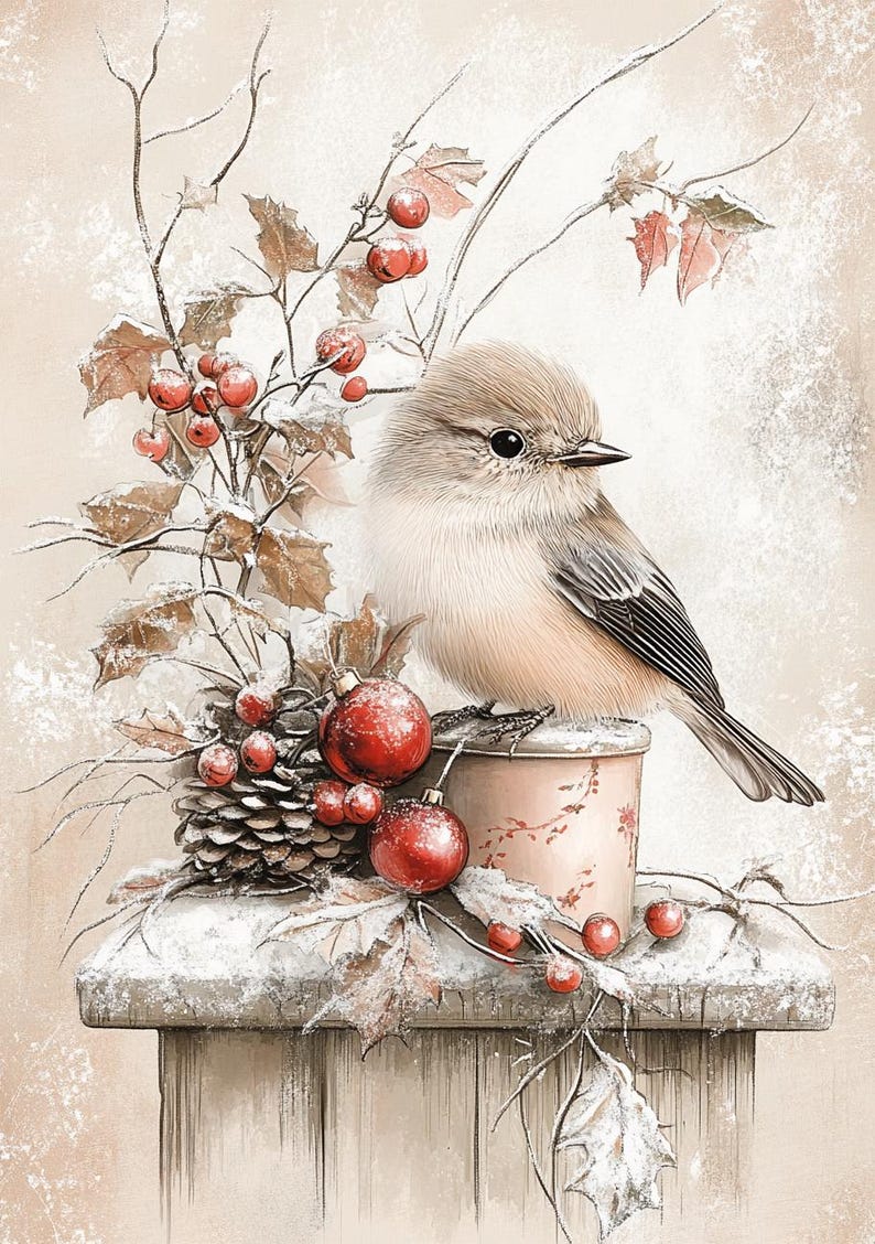 Frosted Robin, Winter Berries, Christmas Art, Holiday Wall Decor, Snow ...