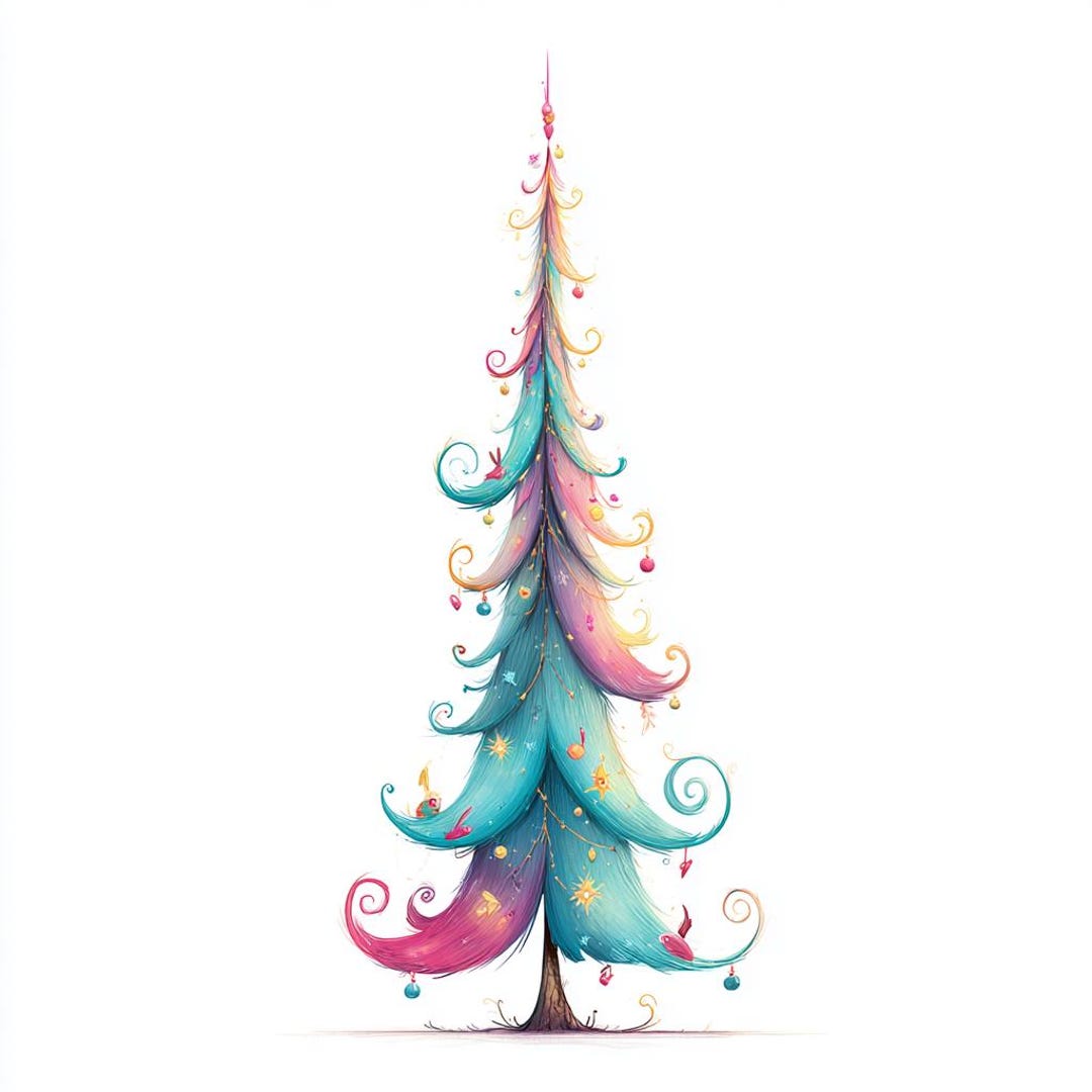 Skinny Xmas Tree, Pastel Tree Art, Tall Tree Print, Whimsical Xmas ...