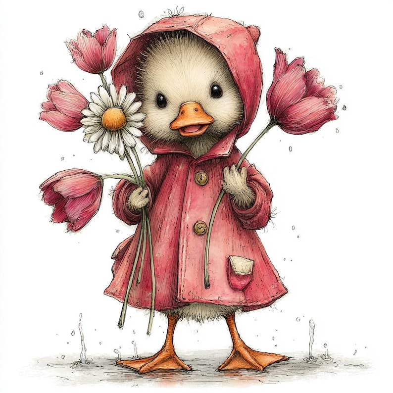Rainy Day Duckling CLIPART, Umbrella Duck With Pink Coat and Flowers ...