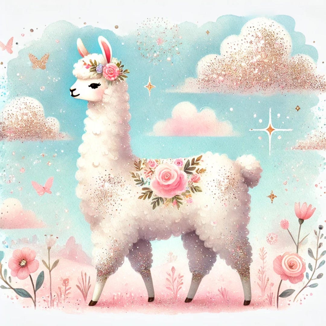 Glitter Llama, Whimsical Llama, Watercolor Llama, Cute Llama Art ...