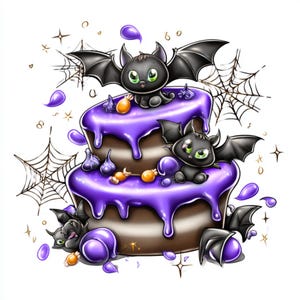 Halloween Cake, Bat Cake, Cute Halloween, Purple Drip Cake, Kawaii Bats ...