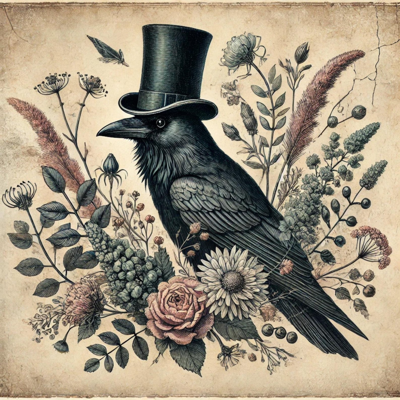 The Raven, Raven Art, Gothic Raven, Vintage Bird Art, Floral Raven, Top ...