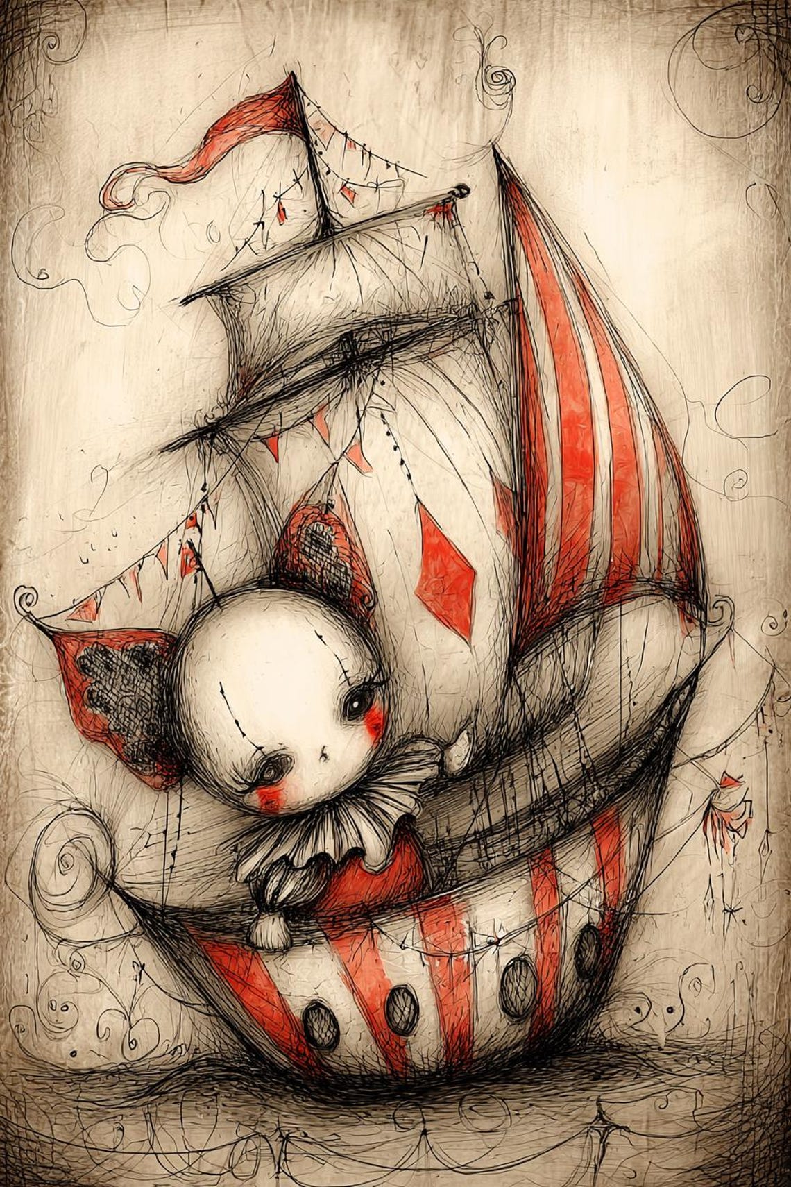Gothic Ship, Spooky Boat, Eerie Voyage, Creepy Cute, Haunted Art, Red ...