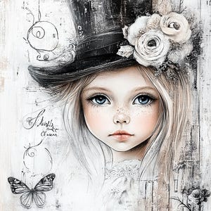 Vintage Clock, Girl Sketch, Butterfly Art, Dreamy Scene, Black White ...