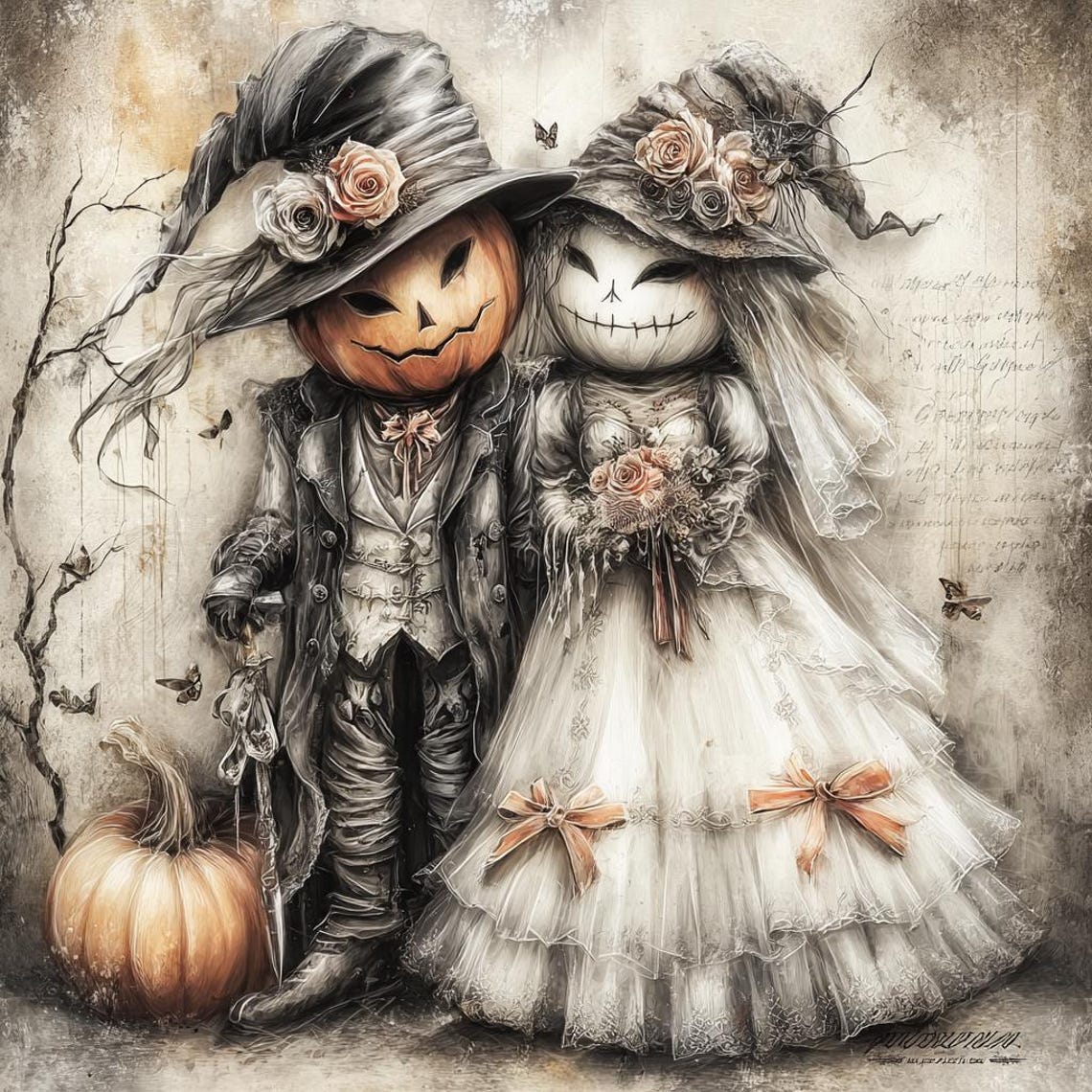 Halloween Couple, Gothic Wedding, Spooky Bride, Pumpkin Groom, Skeleton ...