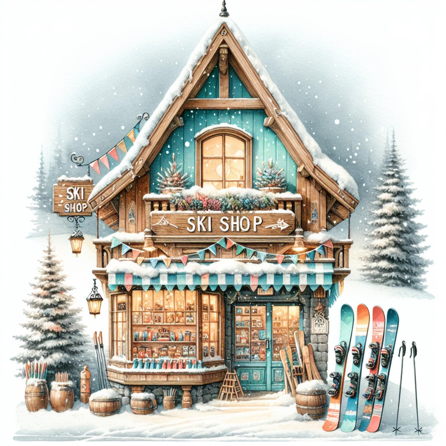Ski Shop Clipart, Winter Shop Art, Snowy Cabin Clipart, Ski Lodge Art ...