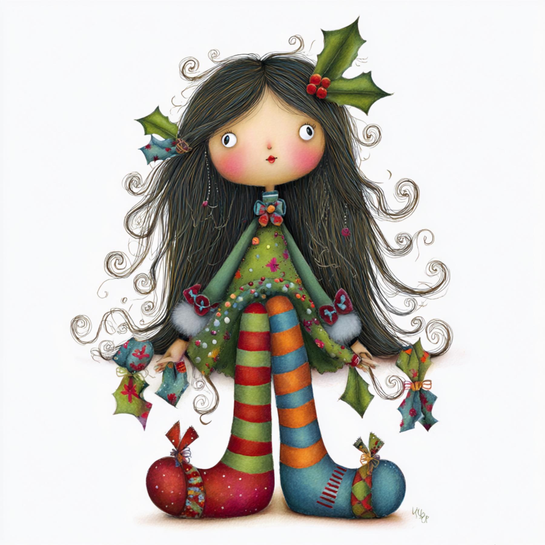 Whimsical Girl, Xmas Character, Striped Tights, Holly Hat, Festive Cute ...