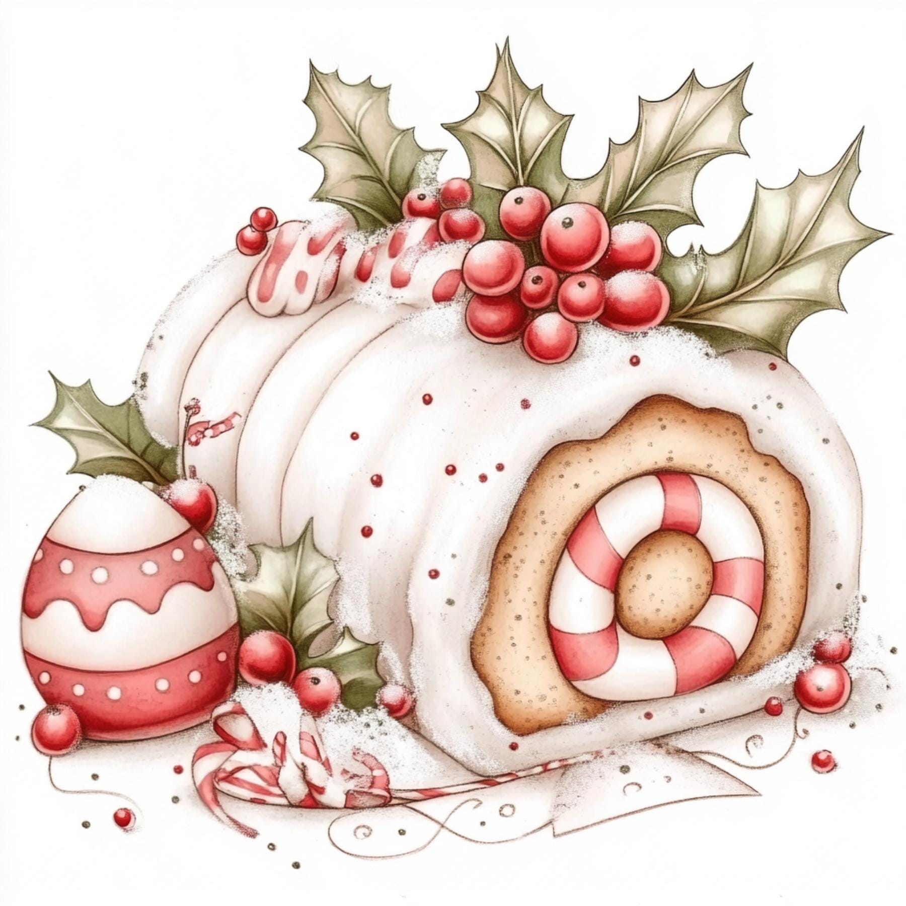 Yule Log, Yule Log Cake Art, Cute Xmas Dessert, Holly Cake Clipart ...