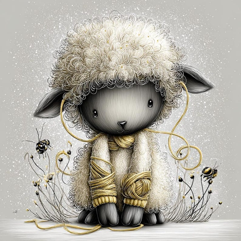 Baa Baa Black Sheep Art Set, Whimsical Woolly Sheep, Golden Farm Animal ...
