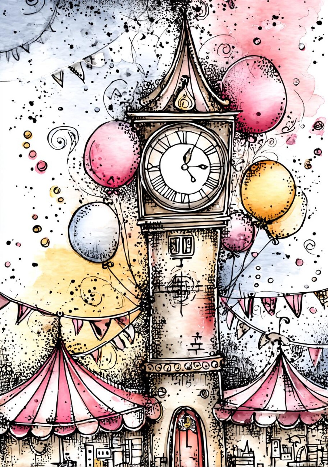 Clock Tower Art, Carnival Scene, Fair Tents, Festive Balloons, Vintage ...