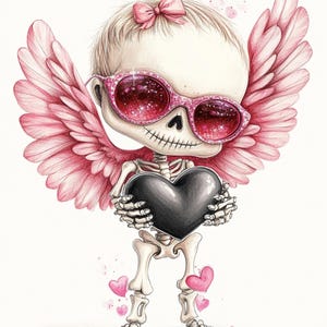 Skeleton Cupid, Love Skeleton, Goth Valentine, Cute Skull Art, Pink ...