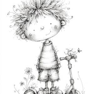 Boy on Scooter, Cute Kid Art, Whimsical Sketch, Scooter Drawing, Boy ...