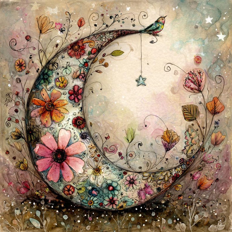 Whimsical Crescent Moon Clipart Set, Floral Watercolor and Ink ...