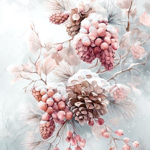 Watercolor Pinecone and Berry Clipart, Frosted Winter Branches, Red ...