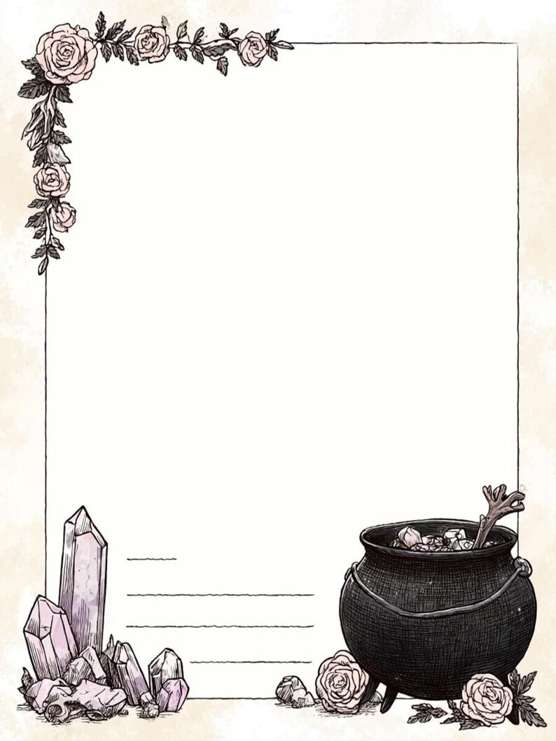Witchy Paper, Spell Page, Crystal Border, Cauldron Art, Skull Paper ...