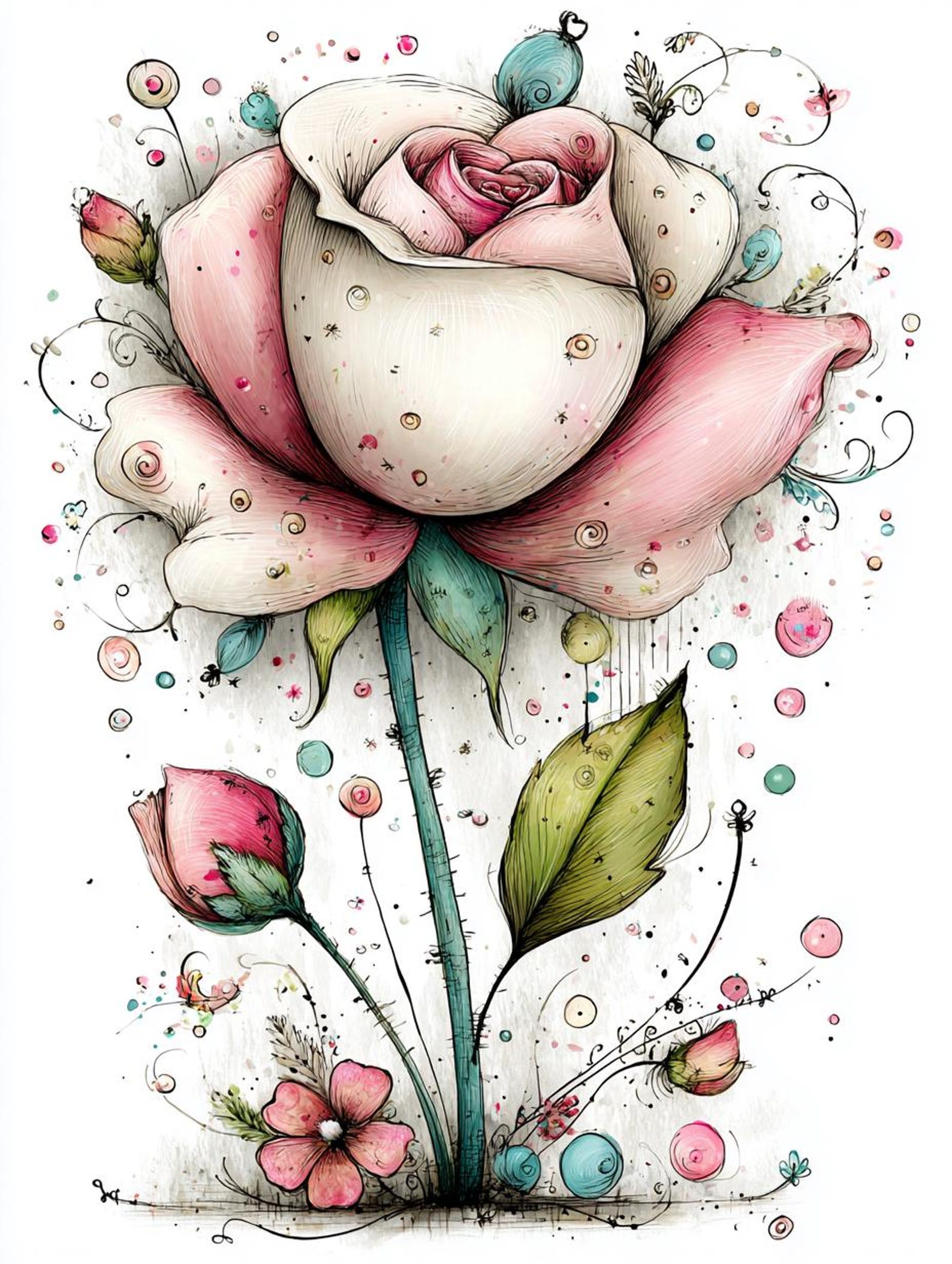 Whimsical Roses, Dreamy Floral PNG Set, Watercolor Ink Flowers ...