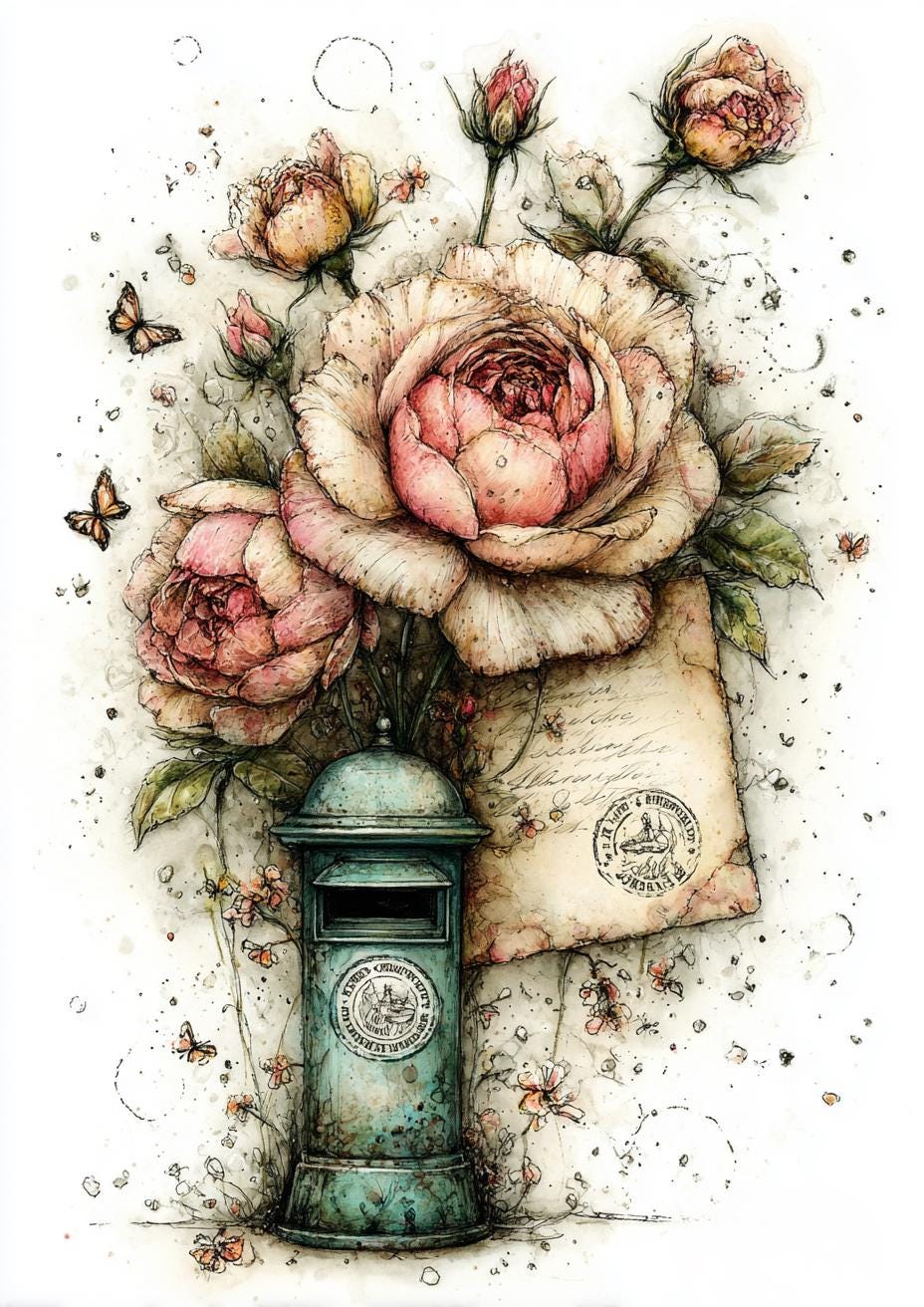 Rose Mail Clipart, Floral Letter Illustrations, Romantic Stamp Art ...
